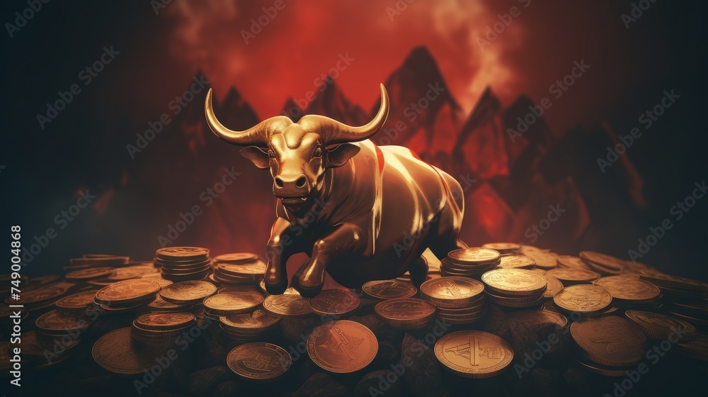 Gold bull and crypto coins, bull run concept, halving, domination ...