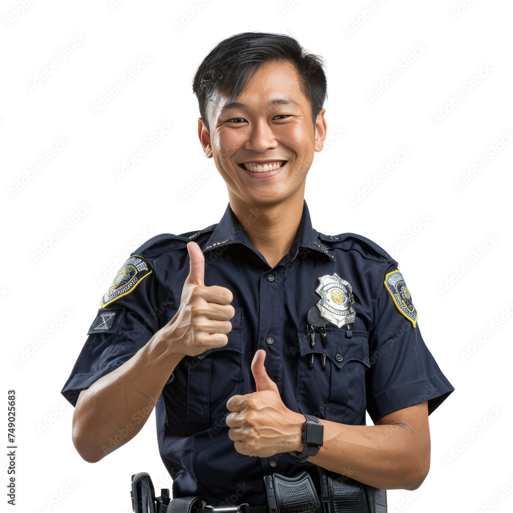 Portrait of asian male police officer, giving a thumbs up and smiling ...