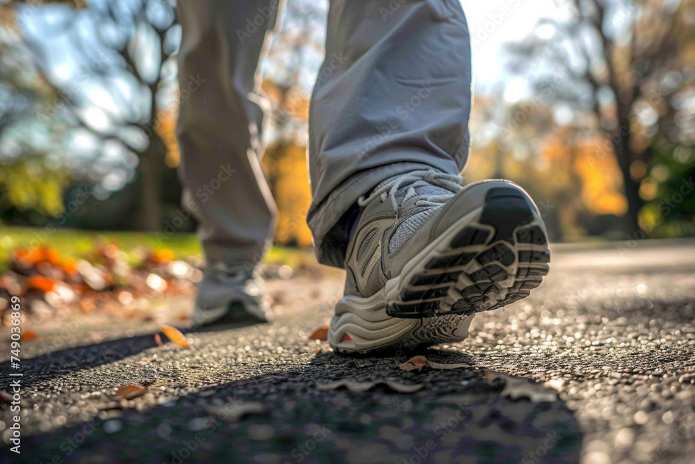 Photo of an elderly individual taking a morning walk in the park with a ...