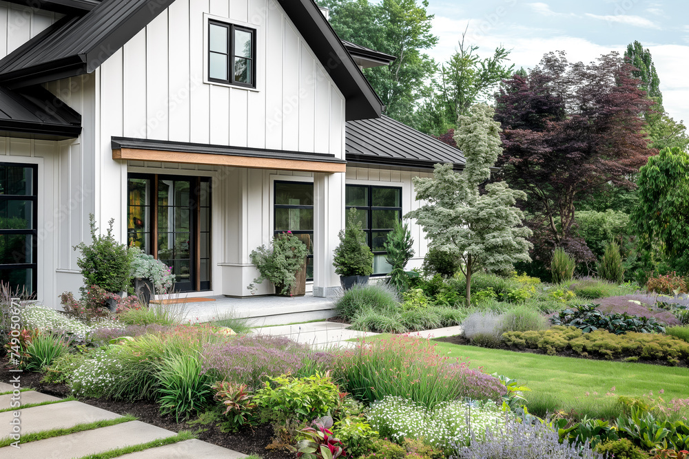 A white modern farmhouse with a board and batten siding, covered porch ...