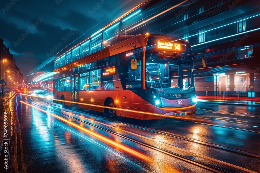 This lively scene features an iconic red double-decker bus in motion ...