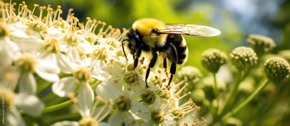 A close-up view of a bumble bee diligently gathering pollen from a ...