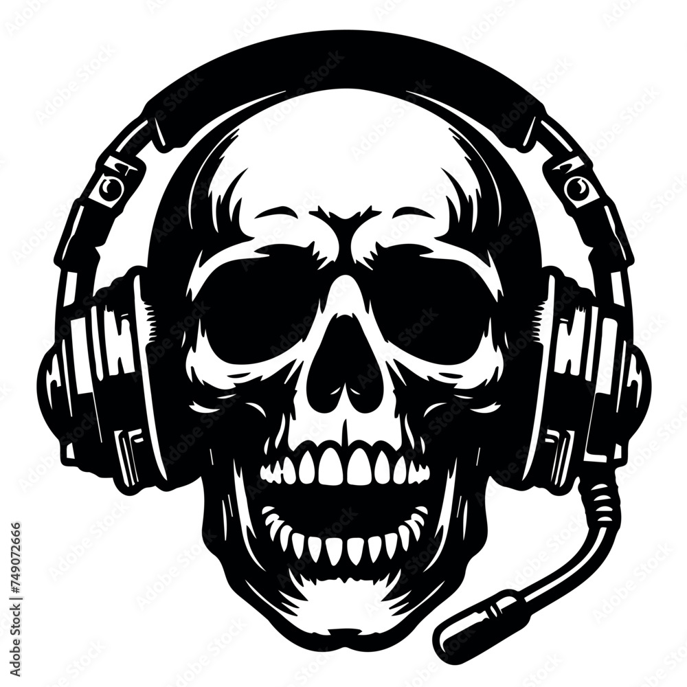 Skull in headphones, black silhouette of a skull skeleton with a ...