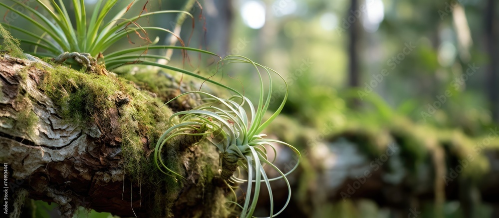 An air plant, Tillandsia spp, is seen thriving on a log in the woods ...
