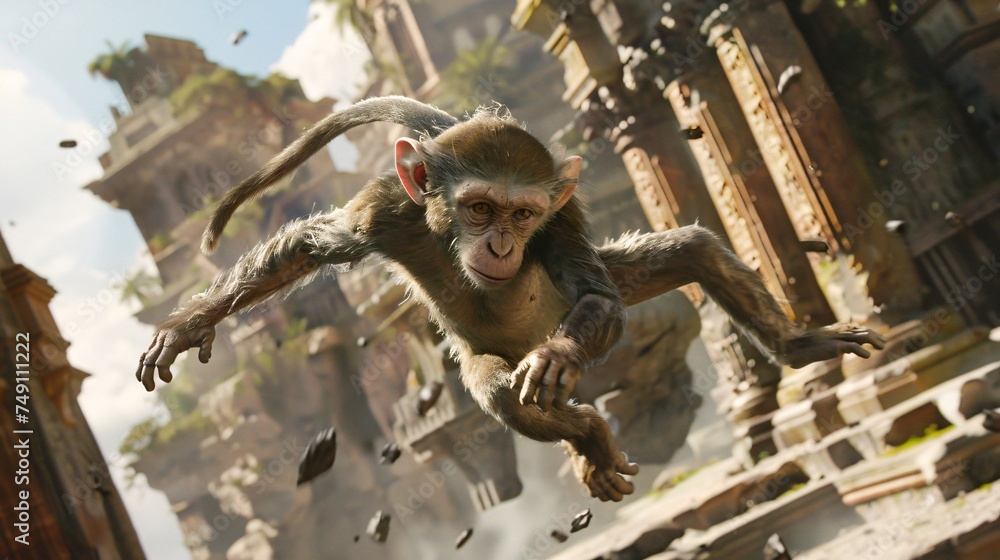 A monkey with spring loaded limbs and a gear powered tail swinging ...