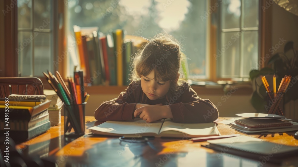 Student Writing Assignment: Concentration and Dedication at School Desk ...