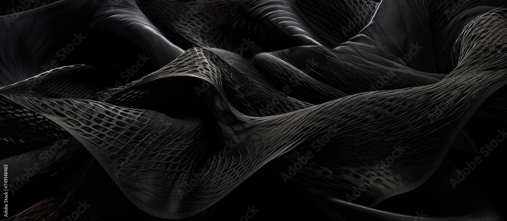 A black and white cloth featuring intricate mesh netting creates a ...