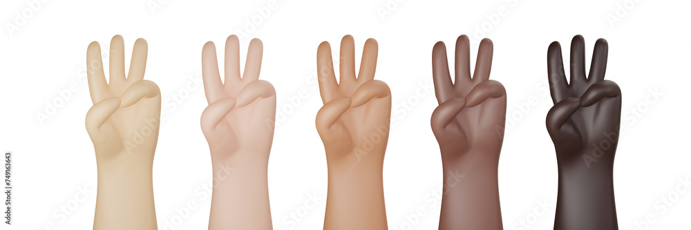 3D illustration of hands with different skin colors showing three ...