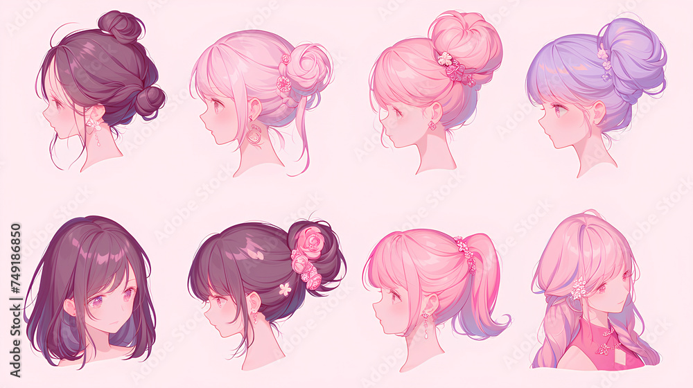 Set Of Cute Anime Girl Hairstyles Stock Illustration Adobe Stock