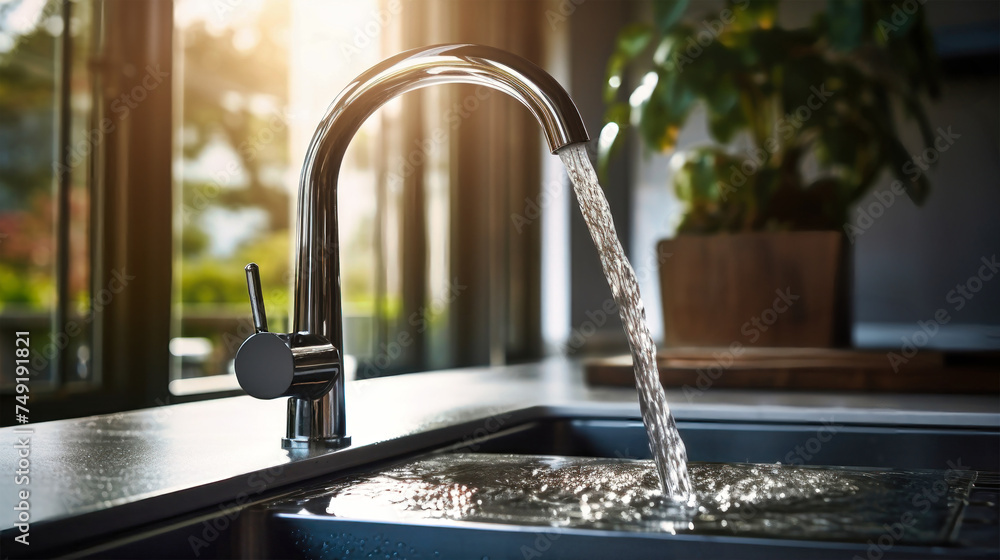 Stock-Foto „Water running from a faucet into a kitchen sink ...