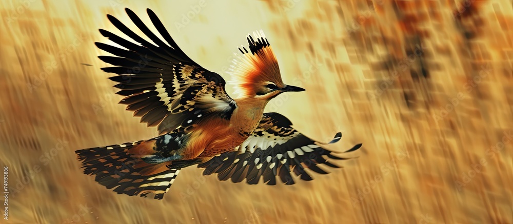 A mesmerizing image capturing a hoopoe bird gracefully soaring through ...