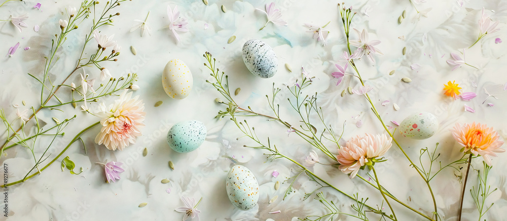 Easter themed background with bunch of eggs greenery and flowers with ...