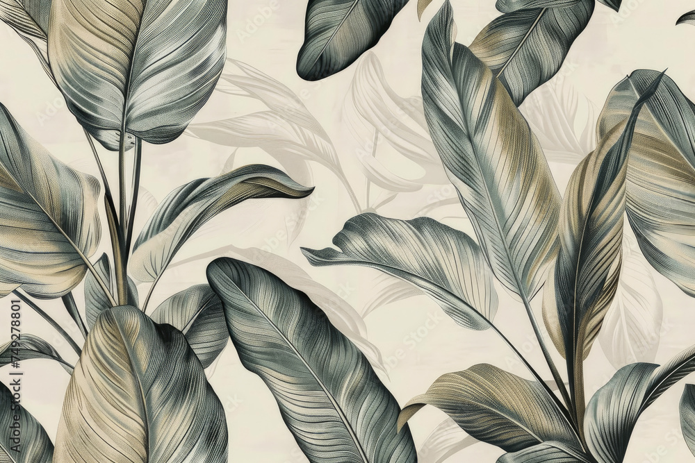 Vintage botanical illustration of tropical leaves, boho style wallpaper ...