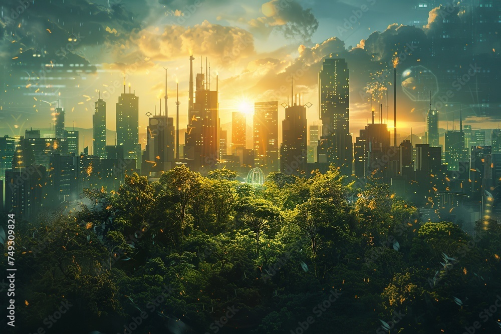 An imaginative depiction of environmental technology with clean energy ...