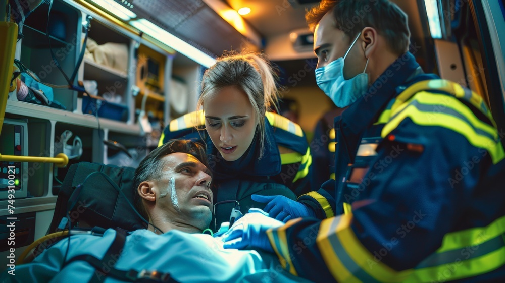 Female and Male EMS Paramedics Provide Medical Help to an Injured ...