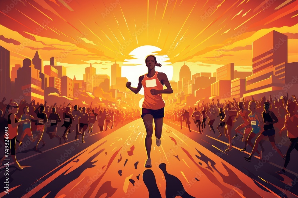 people running marathon colorful illustration ad poster in orange color ...
