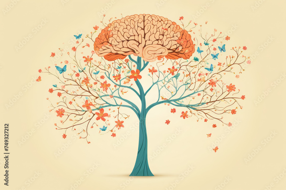 Human brain tree with flowers mental health illustration, self care ...