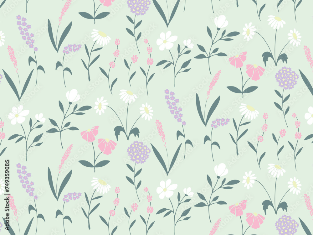 Seamless multicolored pastel botanic pattern of flowers, plants in flat ...