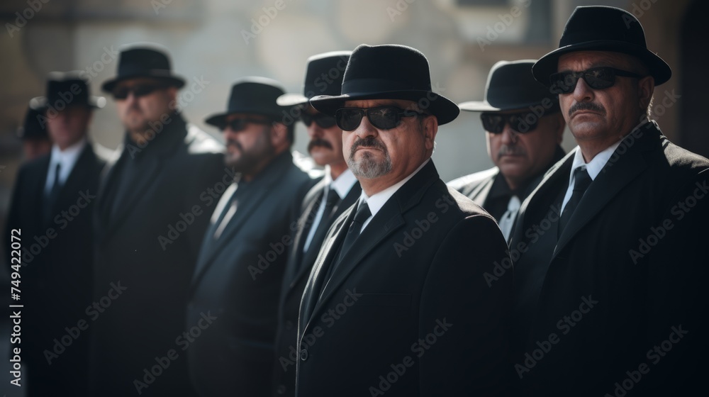 Funeral of a mafia boss. Sad faces. Mourning. People dressed in black ...