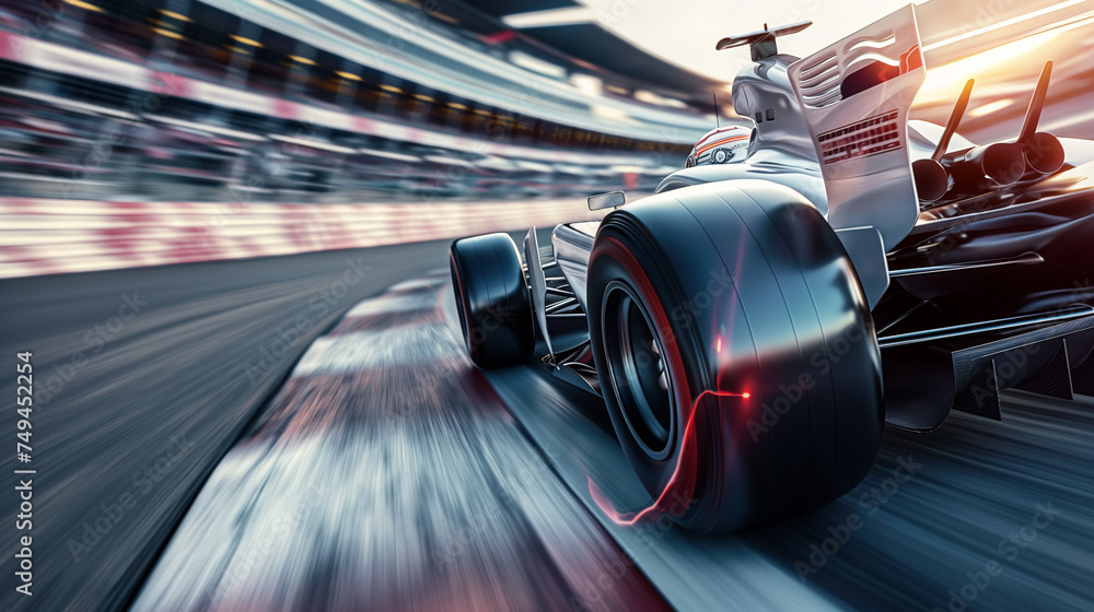 race car formula 1 driver driving fast high speed in race track in ...