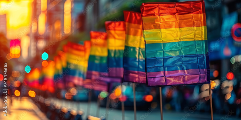 Pride Flags Fluttering on City Street. Multiple pride flags waving ...