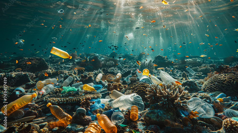 Foto Underwater view of a coral reef surrounded by discarded bottles ...