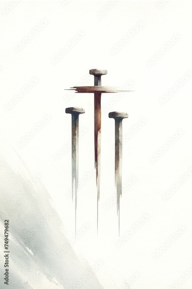 Arma Christi: Holy Nails, symbols of sacrifice. Watercolor illustration ...