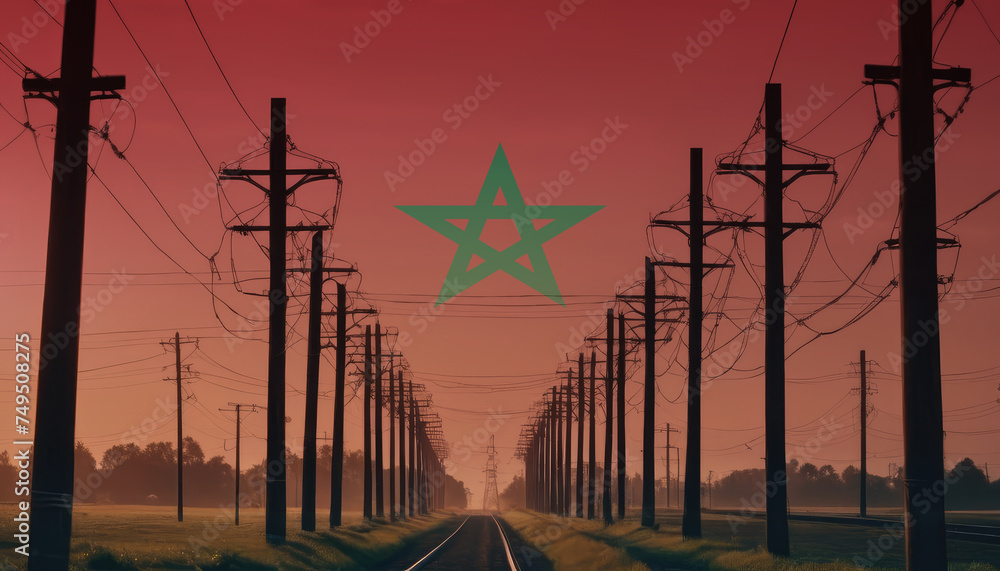 Electricity in the Morocco. Electric poles on the background of the Morocco flag. Morocco flag ...