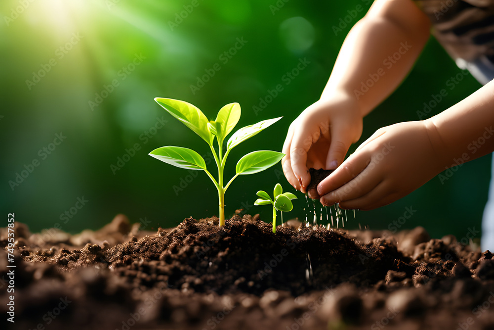 Child blonde white are planting seedlings into fertile soil, ecology ...