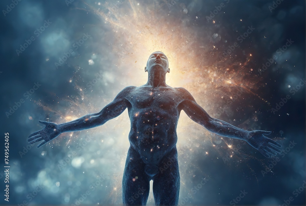 Fantasy image of human body made from atoms and particles spread in the ...