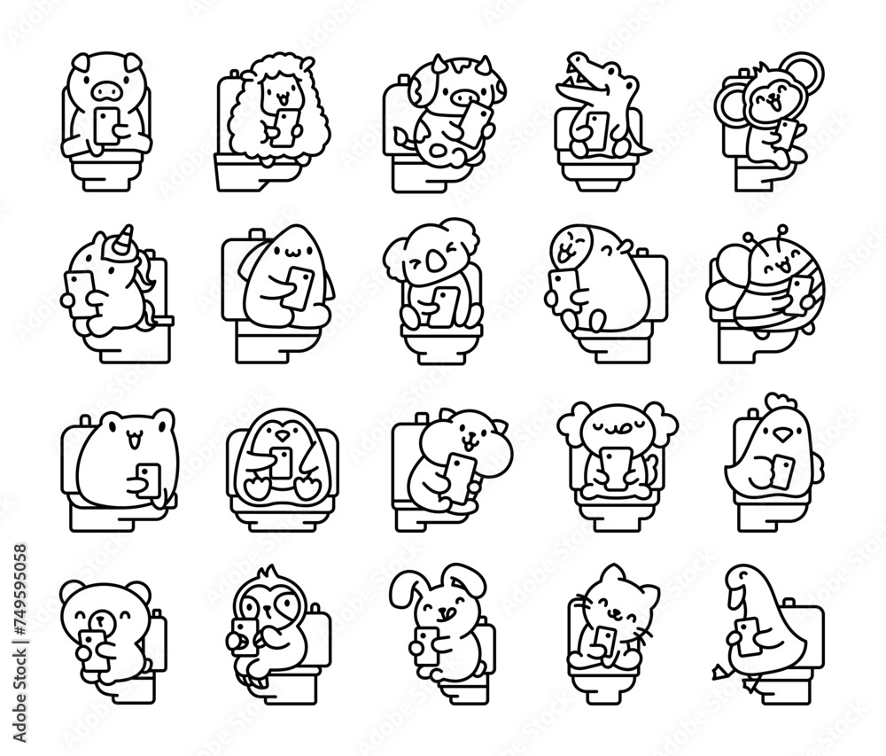 Cute animal pooping on toilet with phone. Coloring Page. Funny cartoon ...