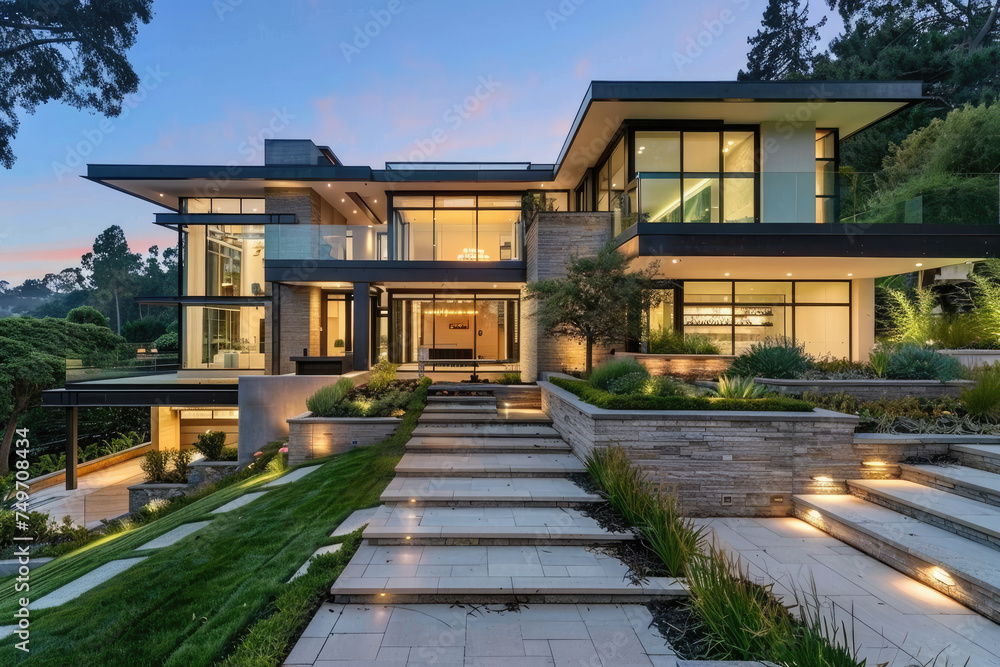 Modern luxury house exterior design with beautiful landscape Stock ...