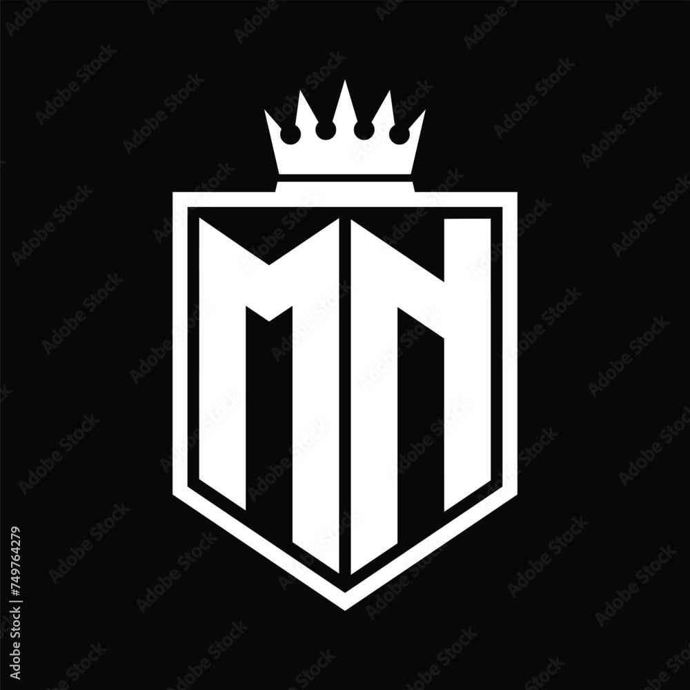 MN Logo monogram bold shield geometric shape with crown outline black ...