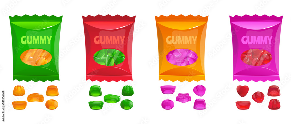 Cartoon gummy sweets packages. Colorful jelly gum candies. Different ...