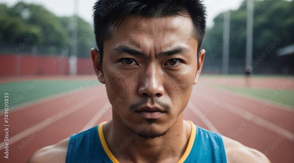 Portrait of a serious sweaty fearless athlete chinese man looking at ...