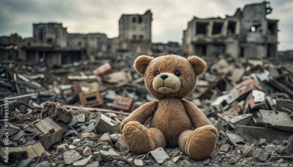 In a scene of devastation, a teddy bear stands out as a reminder of ...