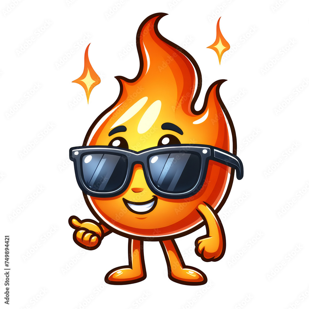 Happy flame mascot design wearing sunglasses. Cartoon concept. Flame, fire concept. cool ...