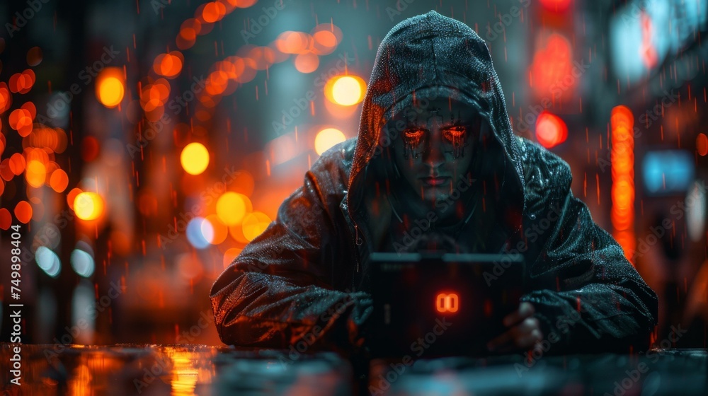 Robotic hacker in cyberattack mode, visualization of cybersecurity ...