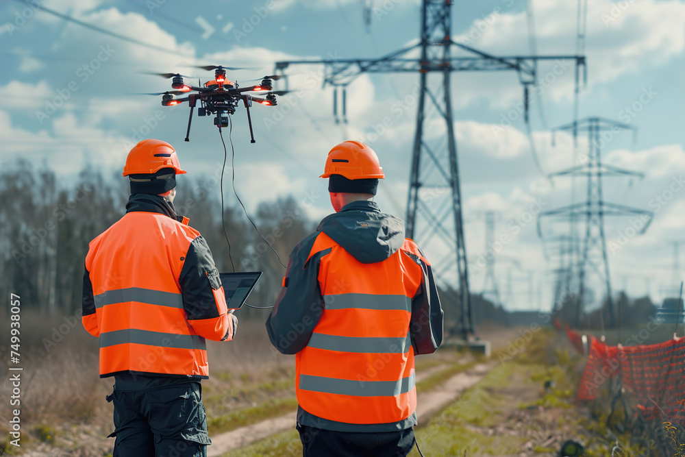 Drone operators, monitor screens in hand, conduct aerial inspections of ...