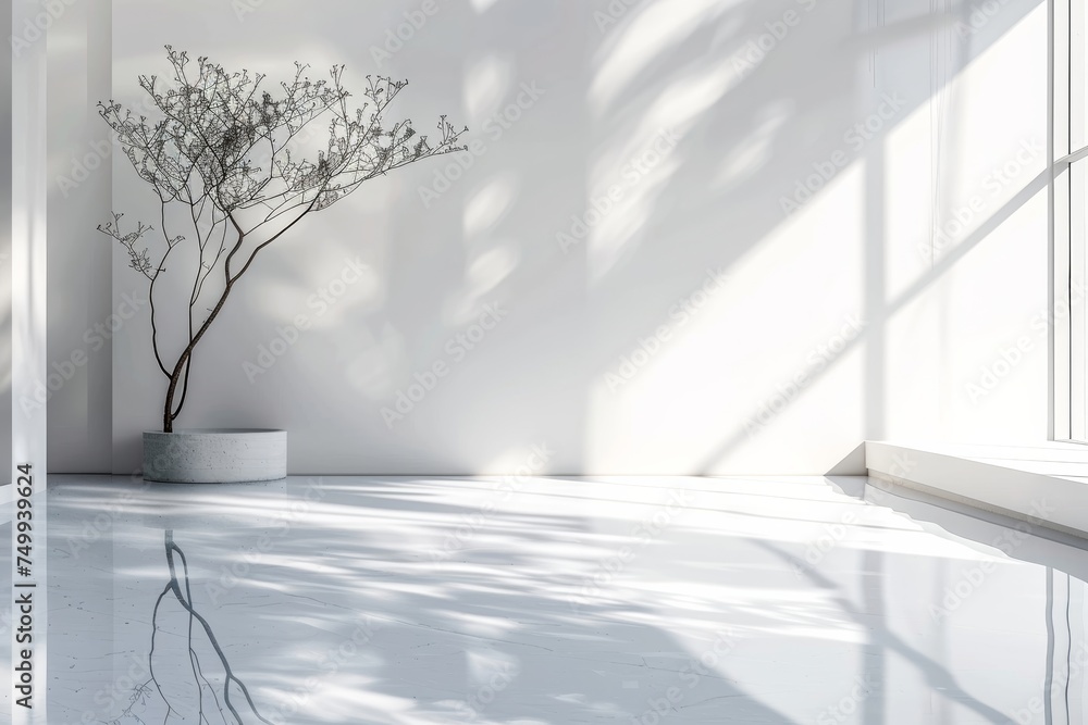 A sparse modern interior featuring a single plant casting dramatic ...