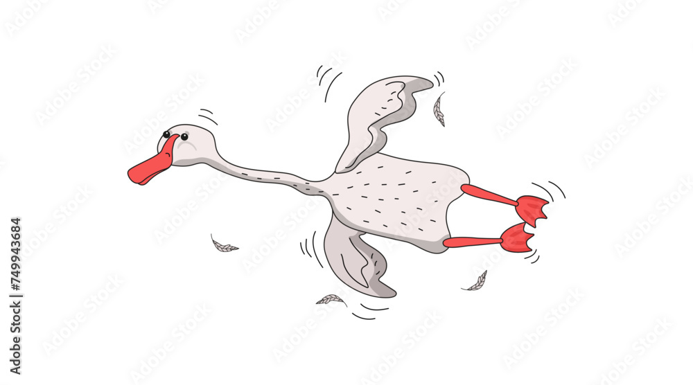 Cute white geese. Funny goose flying cartoon bird. Drawing of a simple ...