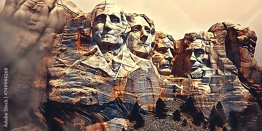Mount Rushmore sculpted images of Washington, Jefferson, Roosevelt, and ...