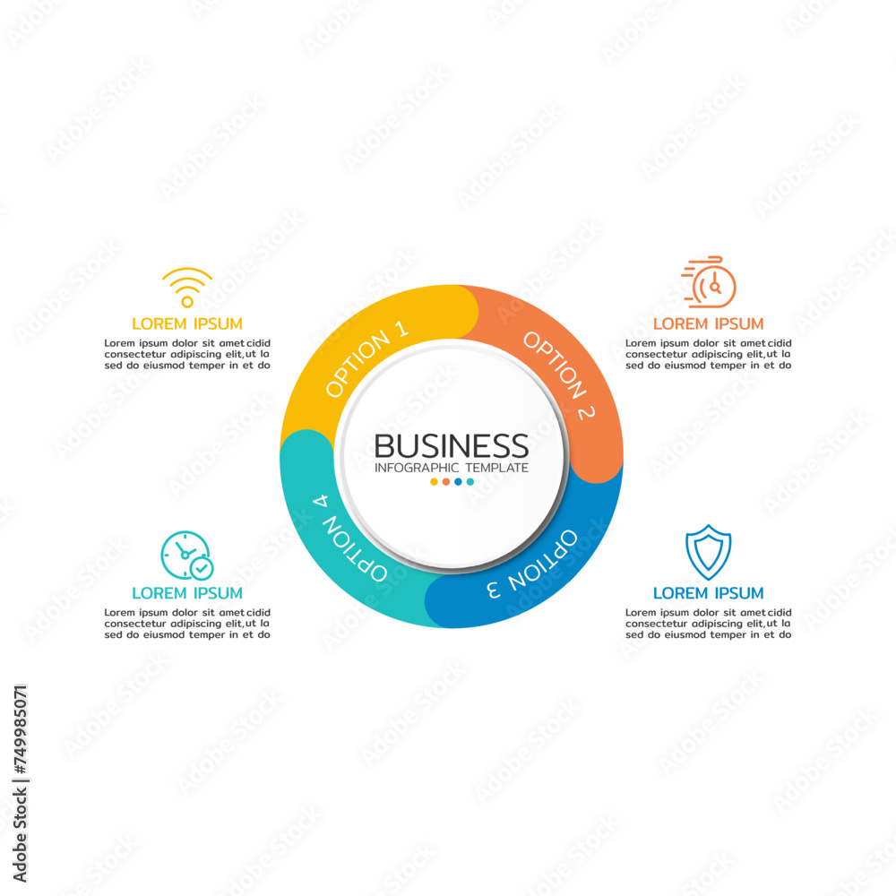 Circular diagram with 4 option placed around center. Concept of four ...