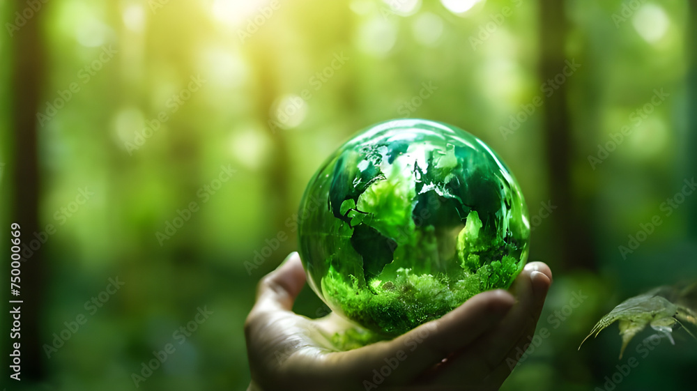 Earth transparent crystal glass globe on moss in nature background ...