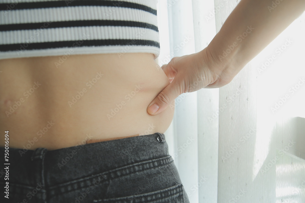 Women body fat belly. Obese woman hand holding excessive belly fat ...