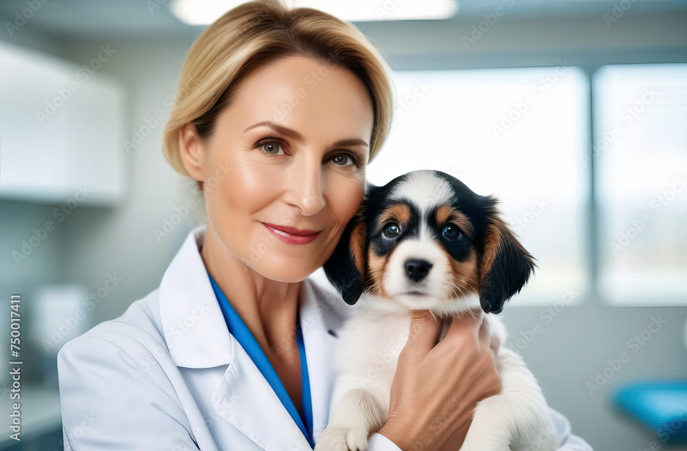 woman 40-50 years old, a veterinarian with a dog in her arms, the ...
