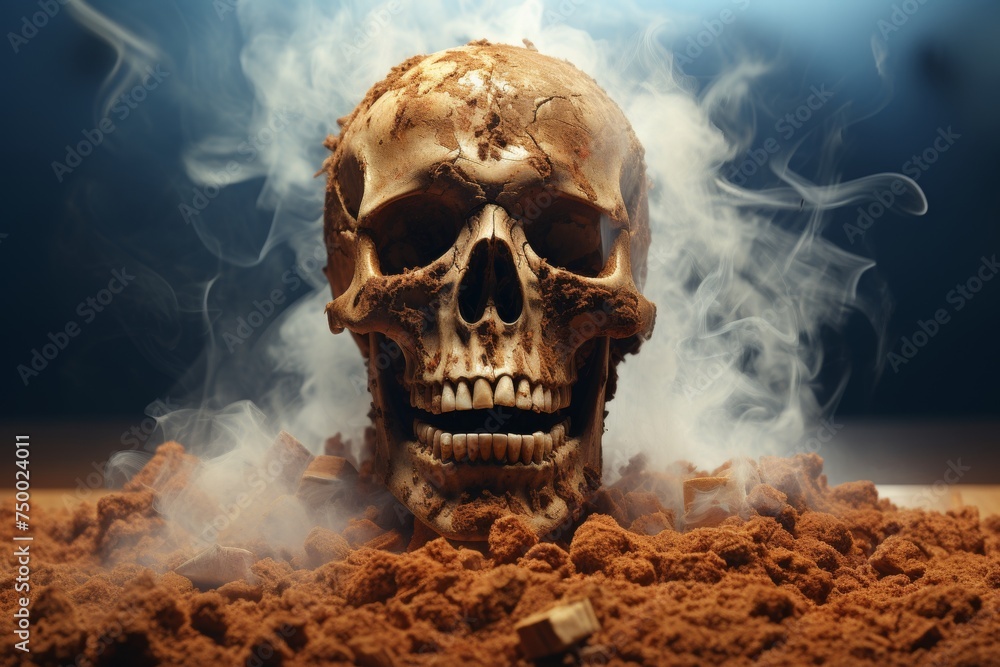Dark Chocolate Skull Resting on Luxurious Cocoa Powder Mound, Emitting ...