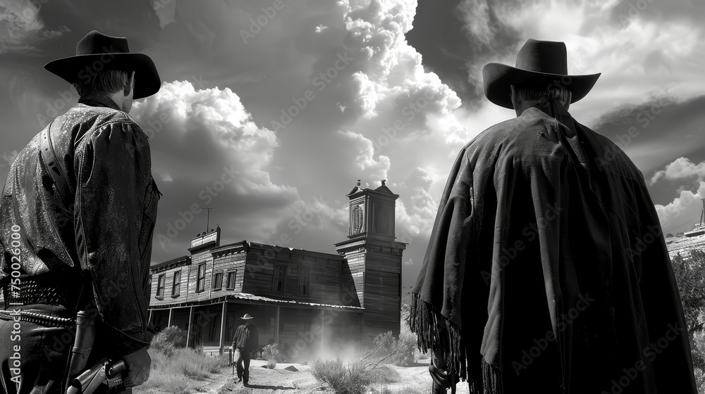Two cowboys in a tense standoff on a classic western town street ...