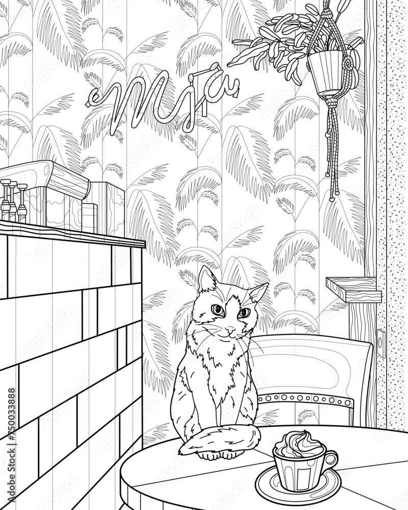 Cat cafe, a cat sitting on a table, a cup with a drink. Coloring page ...