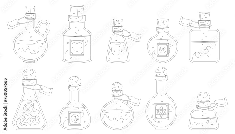 Coloring book of set of illustrations of flasks with potion. Game ...